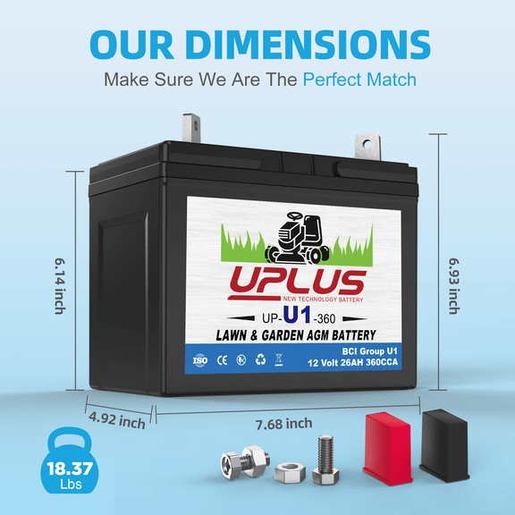 Home UPLUS AGM Lawnmower Battery | 12V 360CCA BCI Group U1 SLA Battery ...
